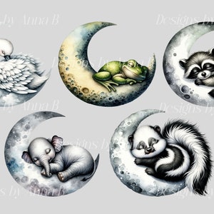 Watercolor Sleepy Animals on Crescent Moon Clipart (PNG Files) - Etsy