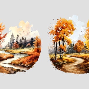 Watercolor Autumn Landscape Clipart: 10 PNG Fall Graphics (digital ...