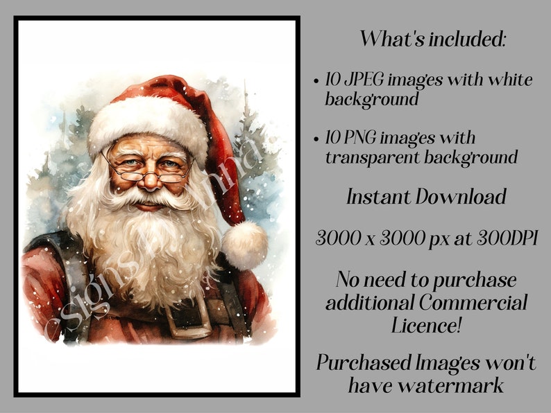 Watercolor Santa Clipart: Christmas PNG & JPEG Files (digital Download ...