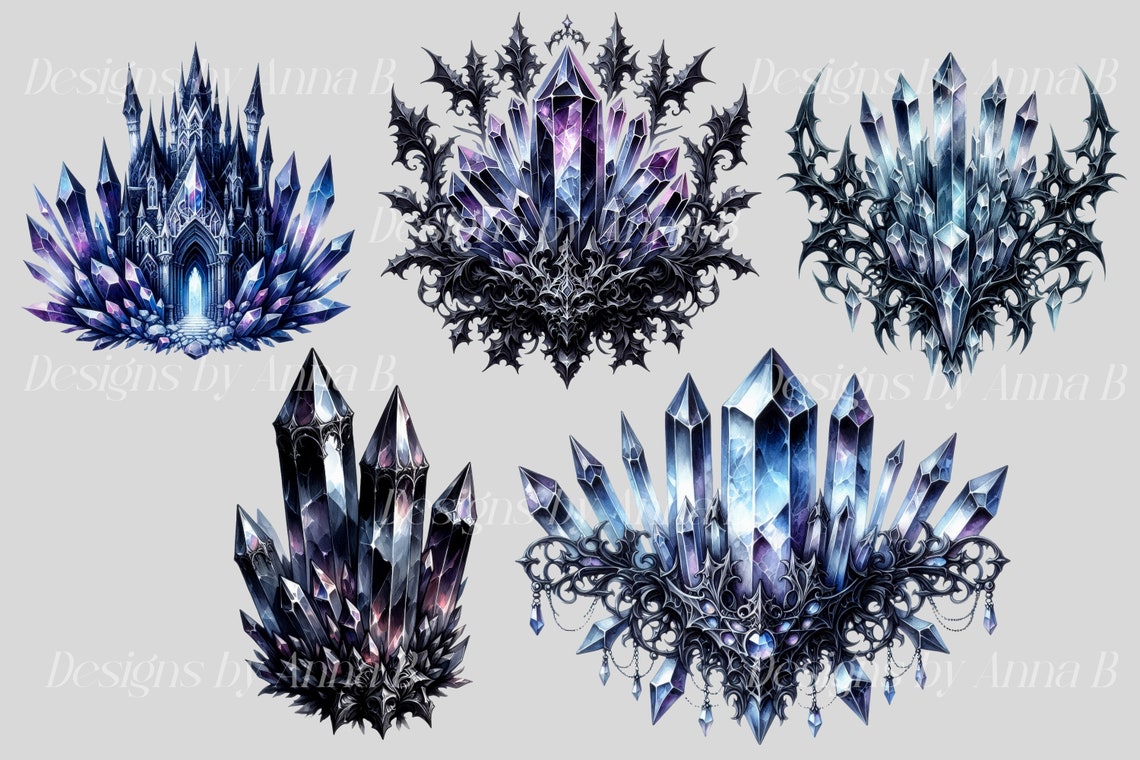 Watercolor Gothic Crystals Clipart: Dark Magic Gems (30 Pngs) (digital ...
