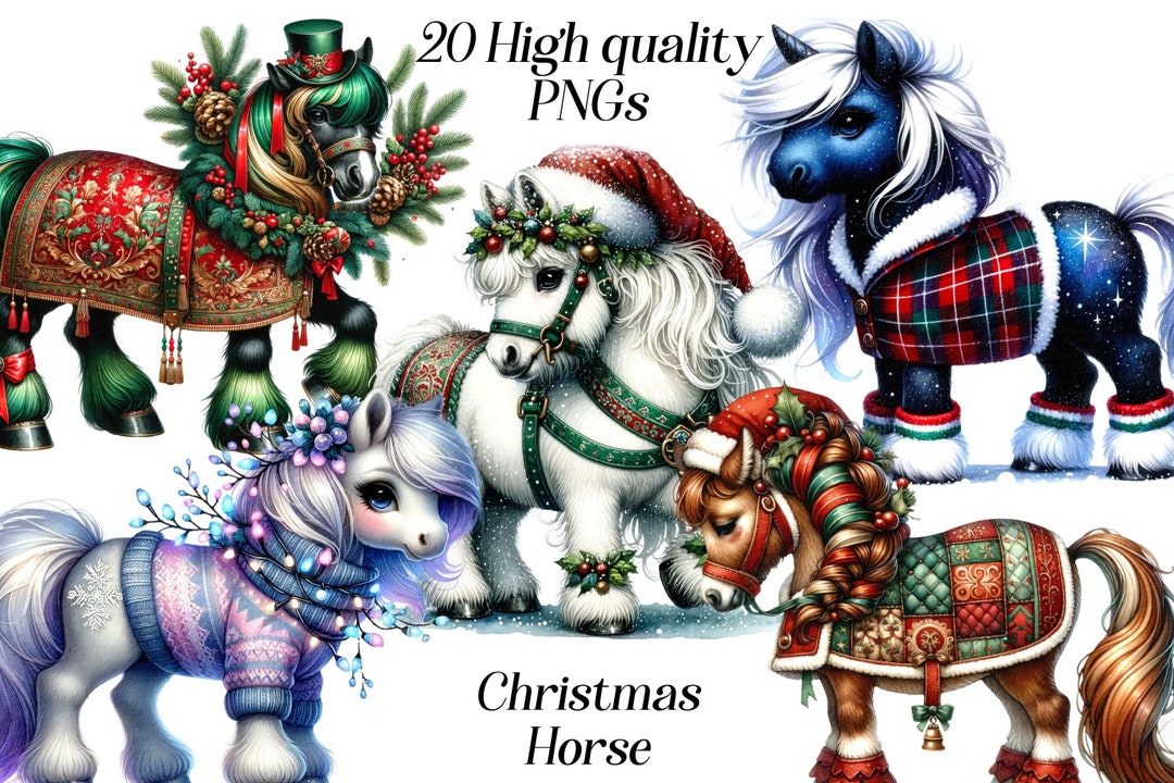 Watercolor Christmas Horse Clipart, 20 High Quality PNG Files, Xmas ...