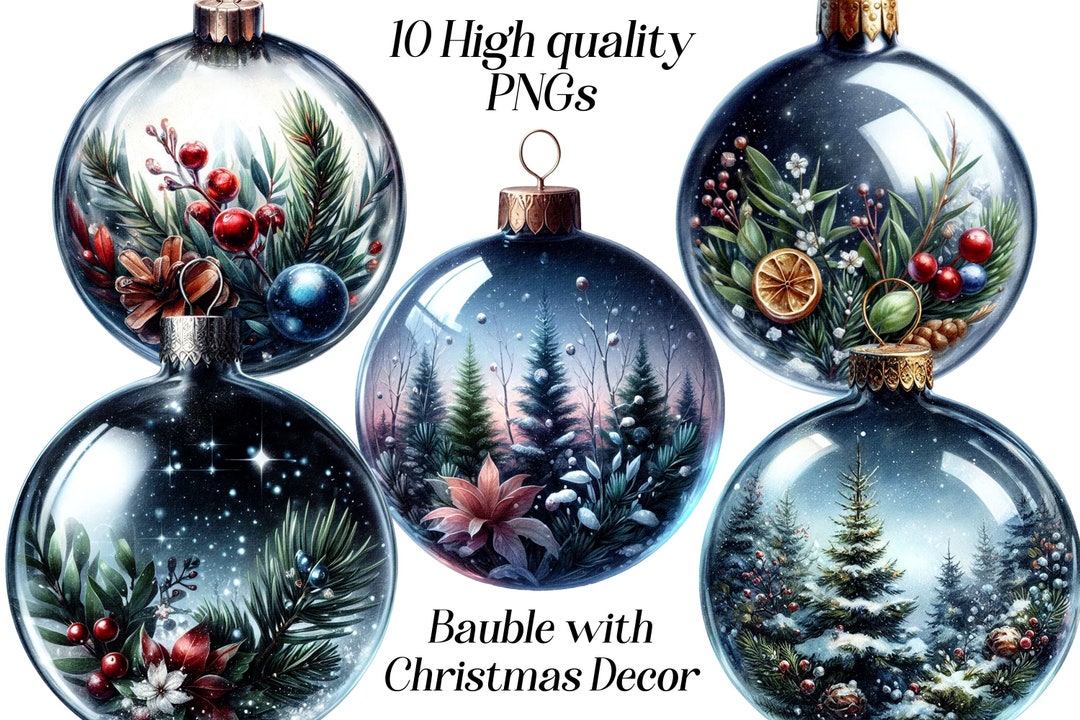 Watercolor Baubles With Christmas Decor Clipart, 10 High Quality PNG ...