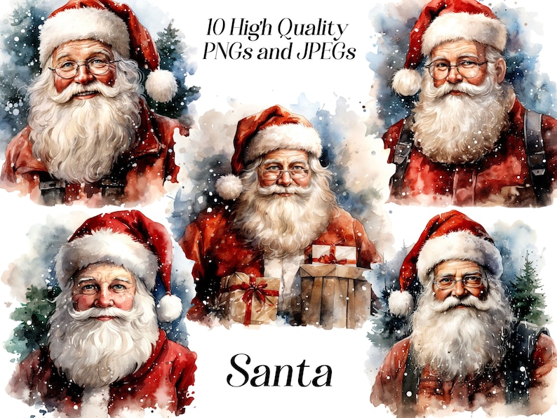 Watercolor Santa Clipart: Christmas PNG & JPEG Files (digital Download ...