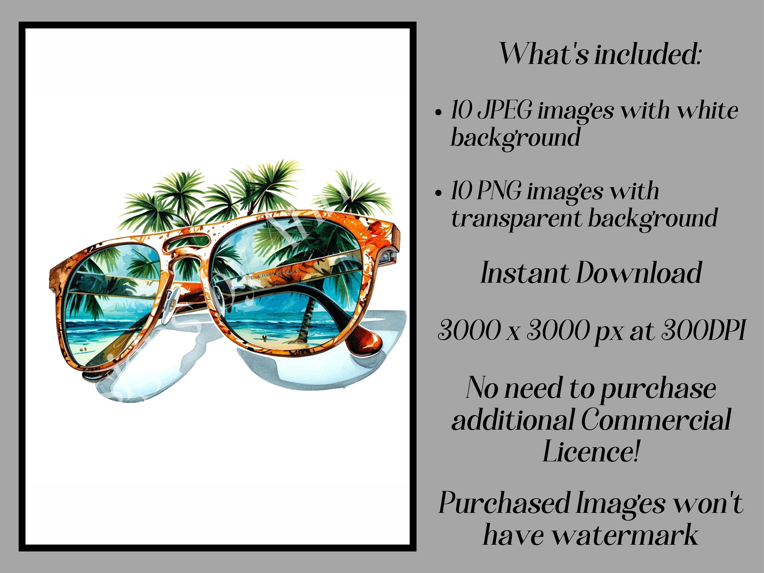 Watercolor Beach Sunglasses Clipart: Summer Vacation Graphics (digital ...