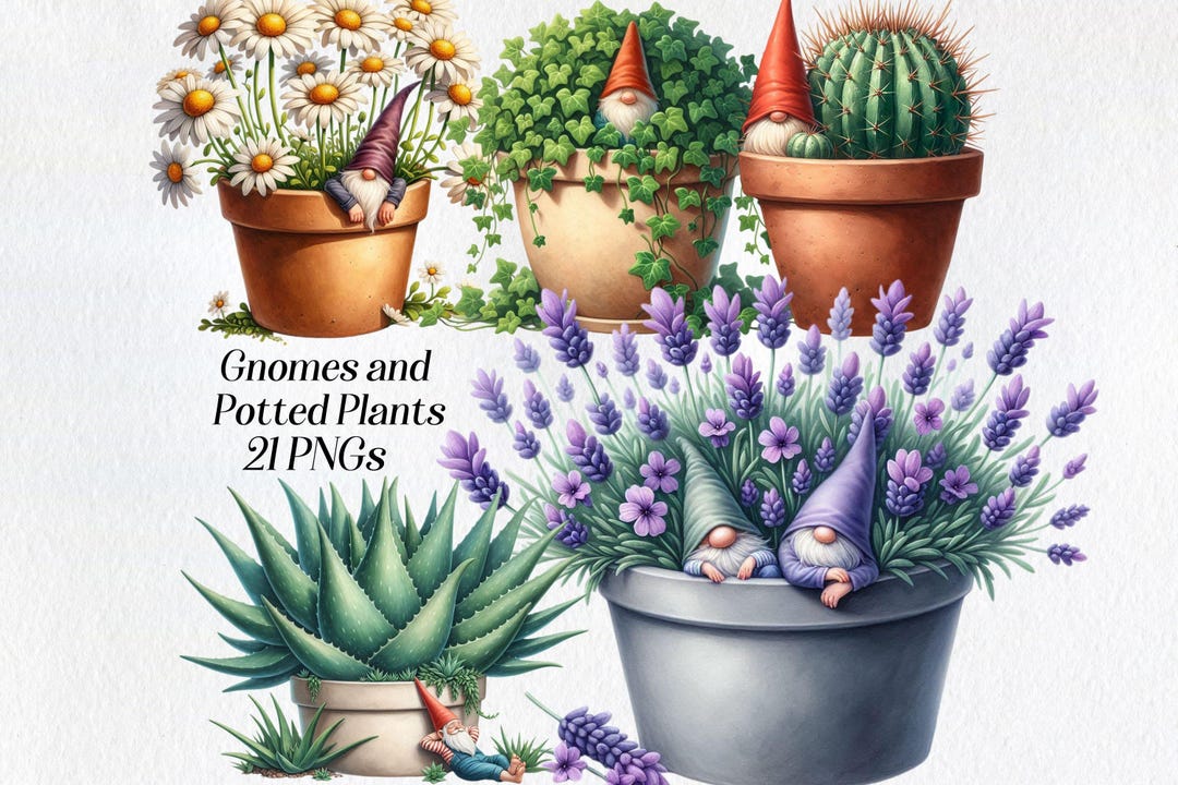 Gnome and Plants Clipart, Watercolor Garden Gnome Clip Art, Png, Potted ...
