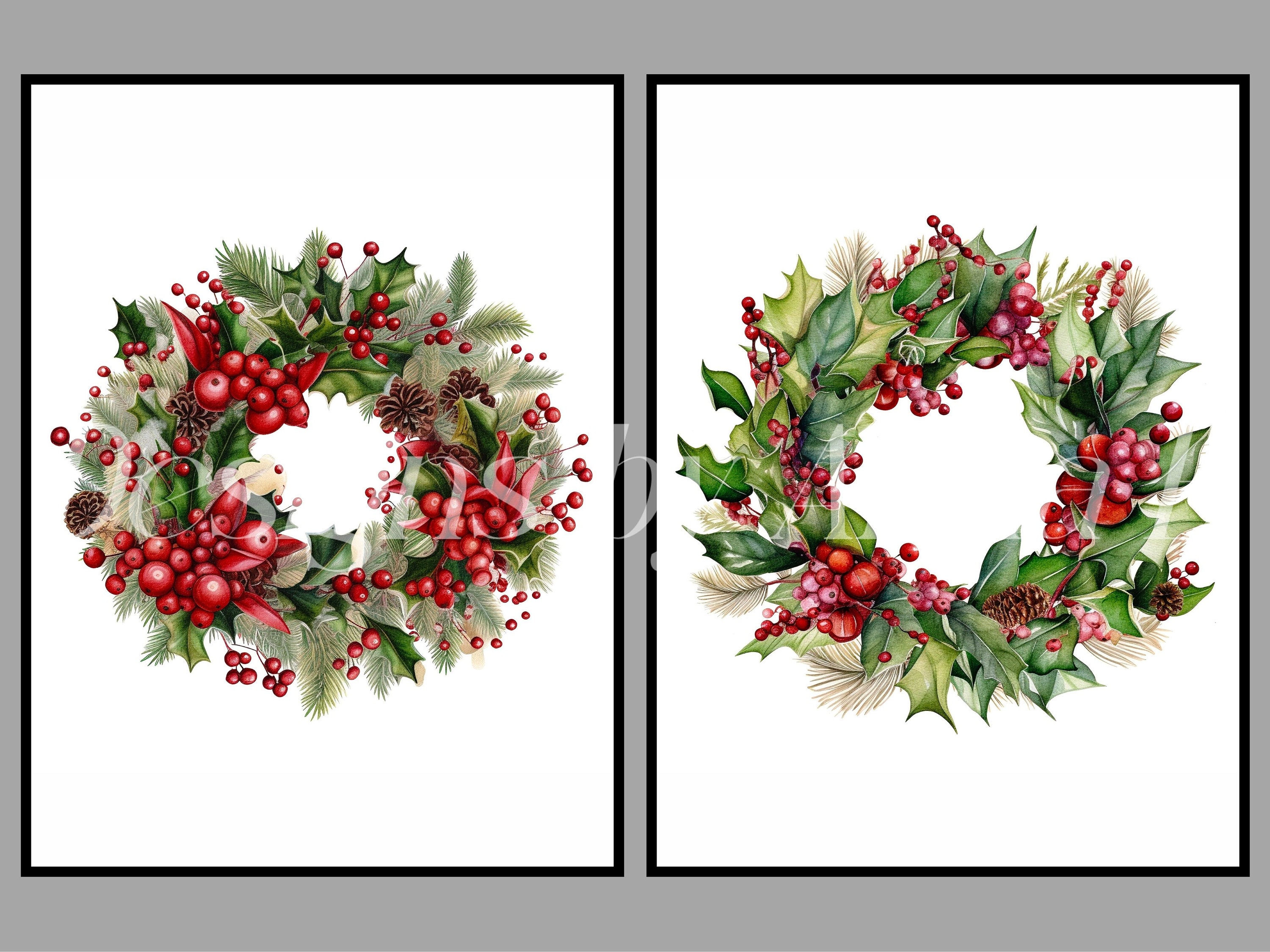 Watercolor Christmas Wreath Clipart: Holiday PNG & JPEG Files (digital ...