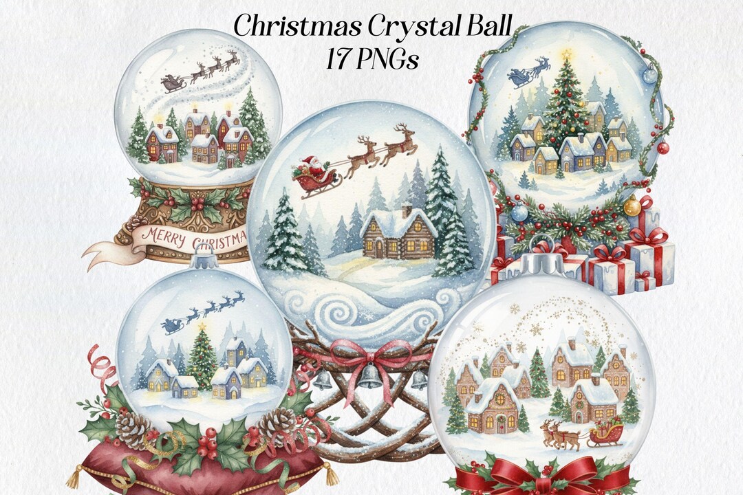 Watercolor Christmas Snow Globe Clipart Bundle: Holiday Village PNG ...