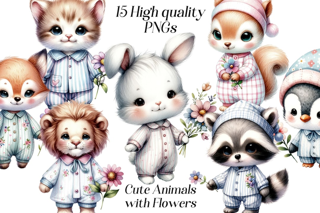 Watercolor Cute Animals With Flowers Clipart, 15 High Quality PNG Files ...