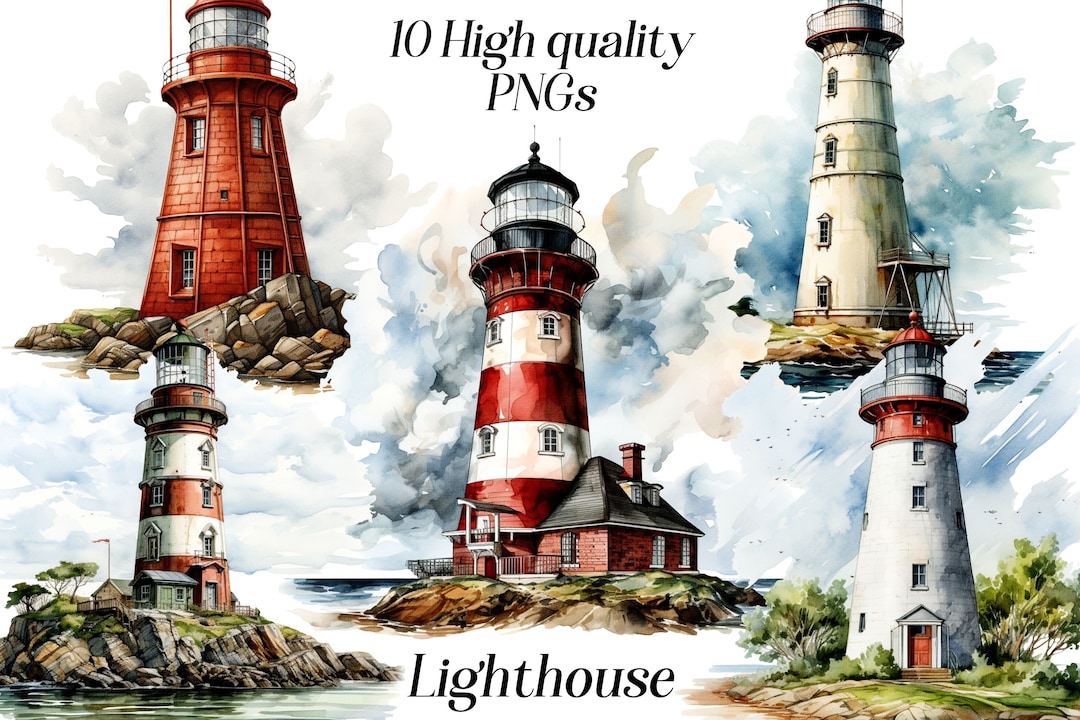 Watercolor Lighthouse Clipart: Nautical PNG Graphics (digital Download ...