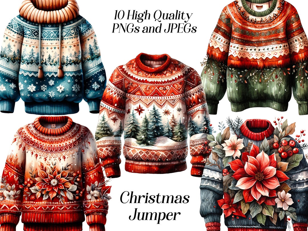 Watercolor Christmas Jumper Clipart, 10 High Quality JPEG and PNG Files ...