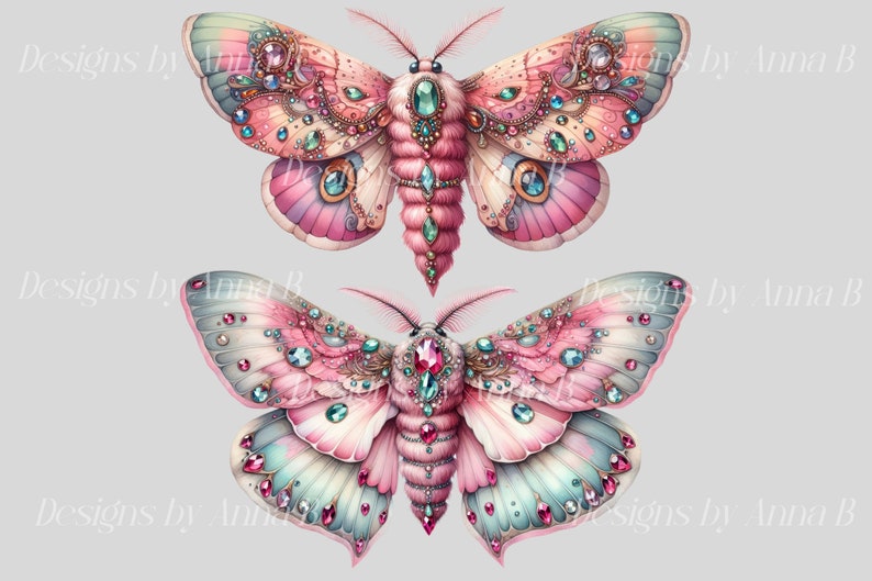 Watercolor Pink Jeweled Moth Clipart: 13 PNG Images (digital Download ...