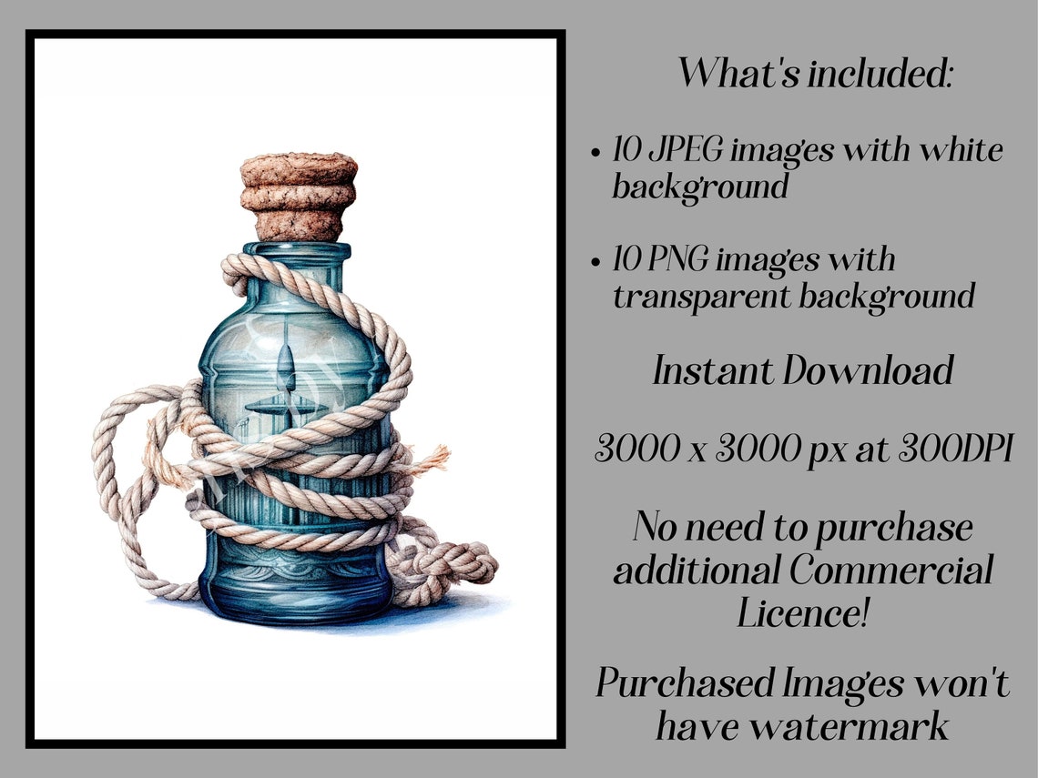 Watercolor Nautical Bottle Clipart: JPEG & PNG Files (digital Download ...