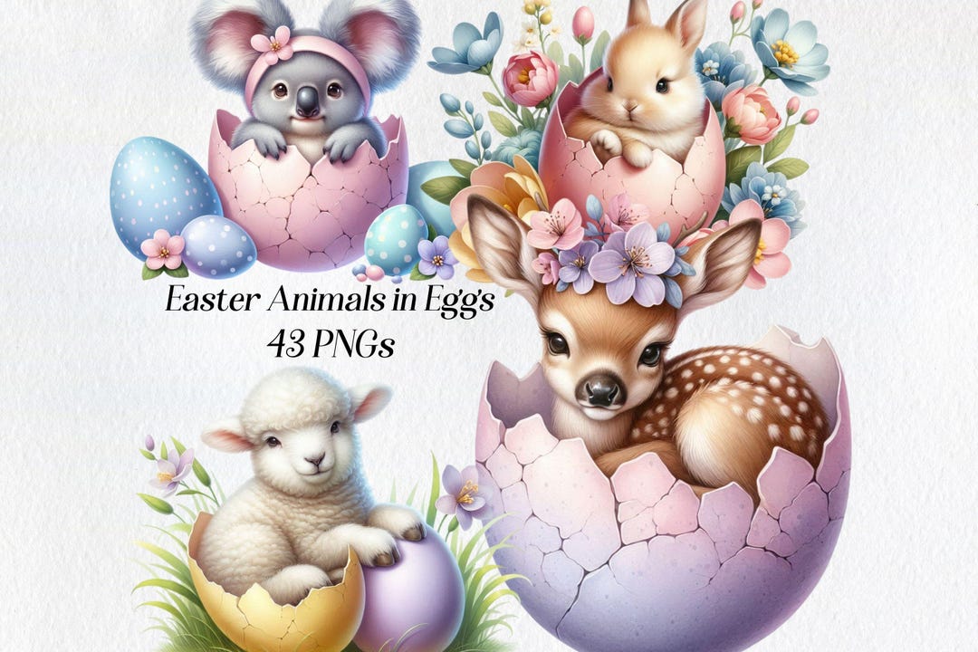 Easter Animals in Eggs Clipart: Watercolor Spring PNG Images (digital ...