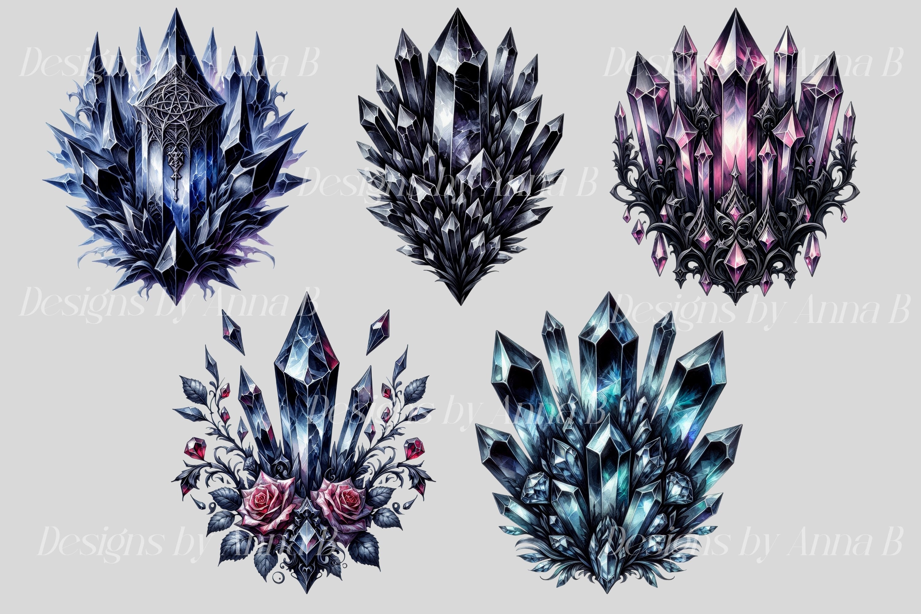 Watercolor Gothic Crystals Clipart: Dark Magic Gems (30 Pngs) (digital ...