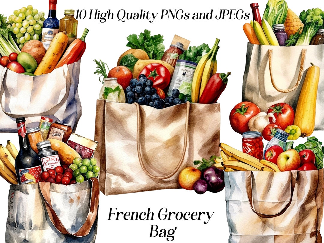 Watercolor Grocery Bag Clipart, 10 High Quality JPEG and PNG Files ...