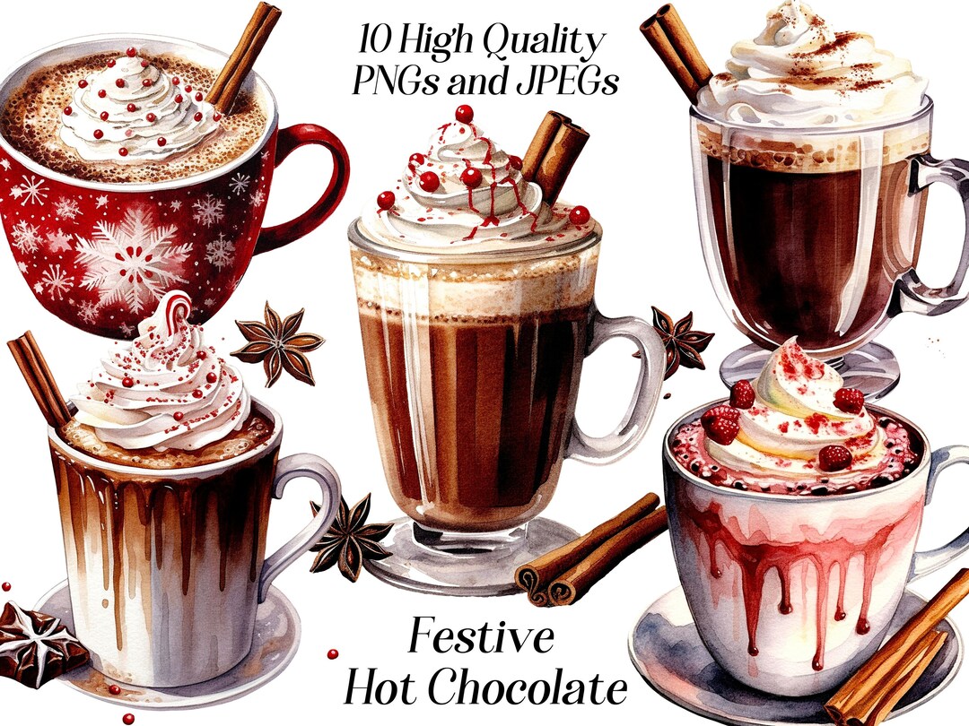 Watercolor Hot Chocolate Clipart, 10 High Quality JPEG and PNG Files ...
