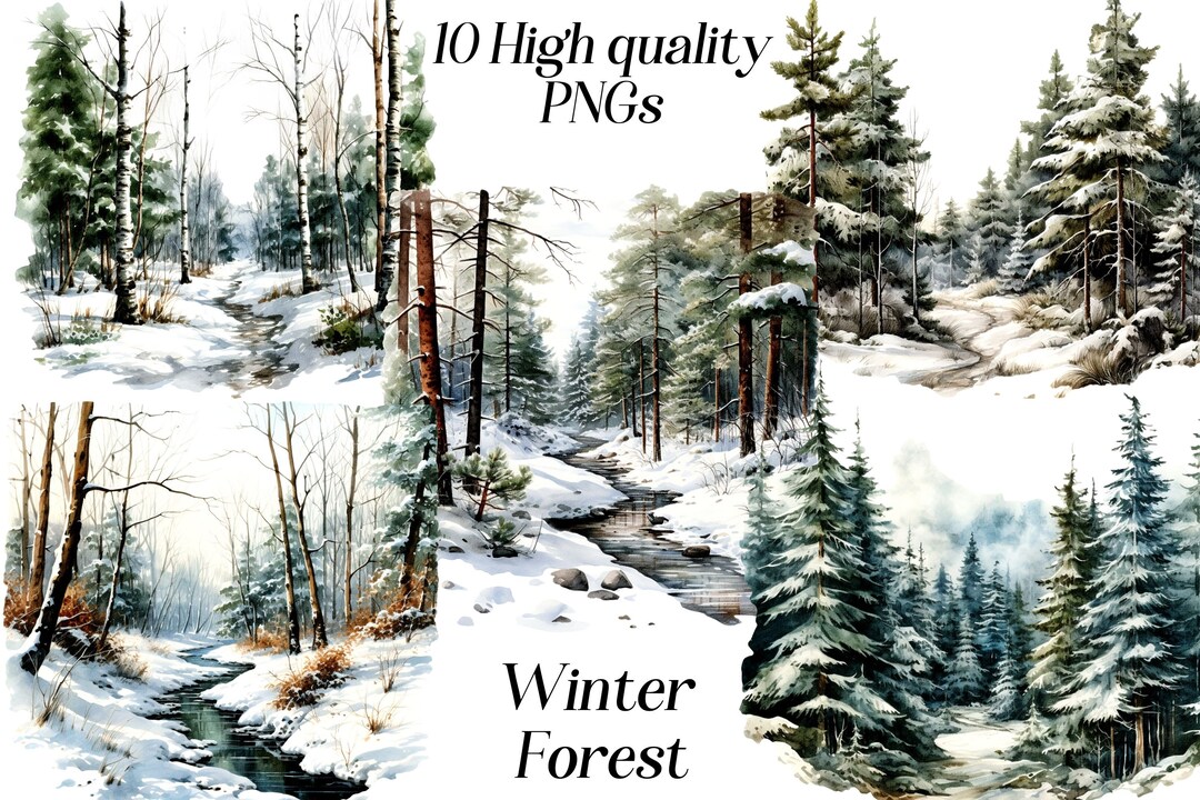 Watercolor Winter Forest Clipart: 10 PNG Landscape Illustrations ...