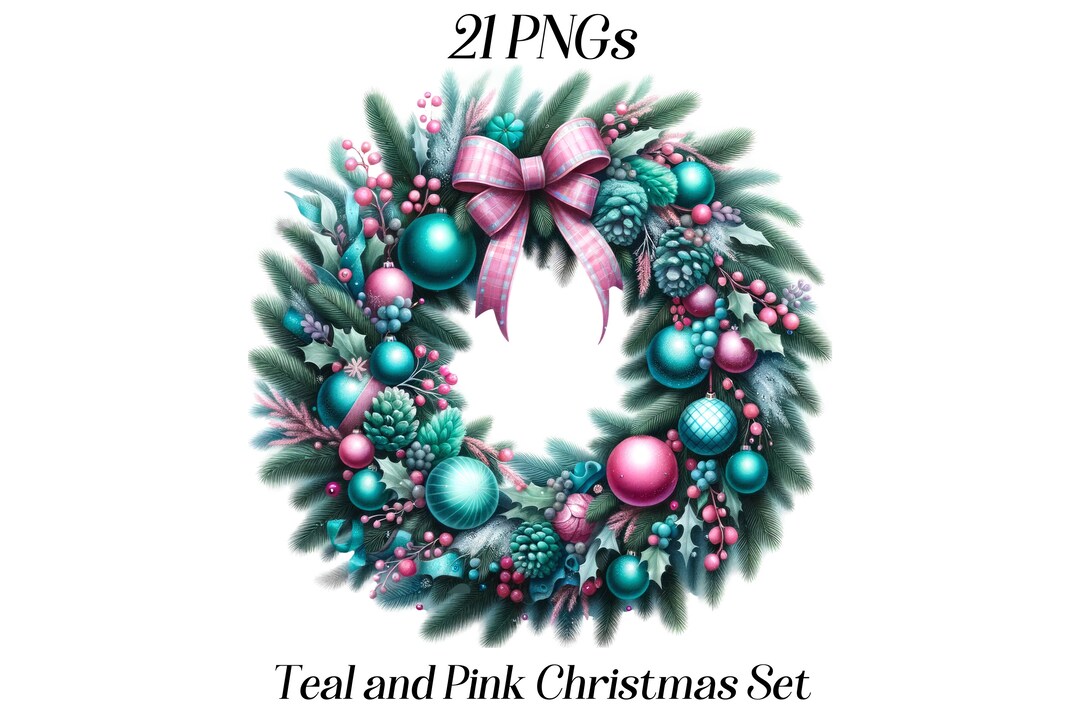 Watercolor Teal and Pink Christmas Clipart, 21 High Quality PNG Files ...