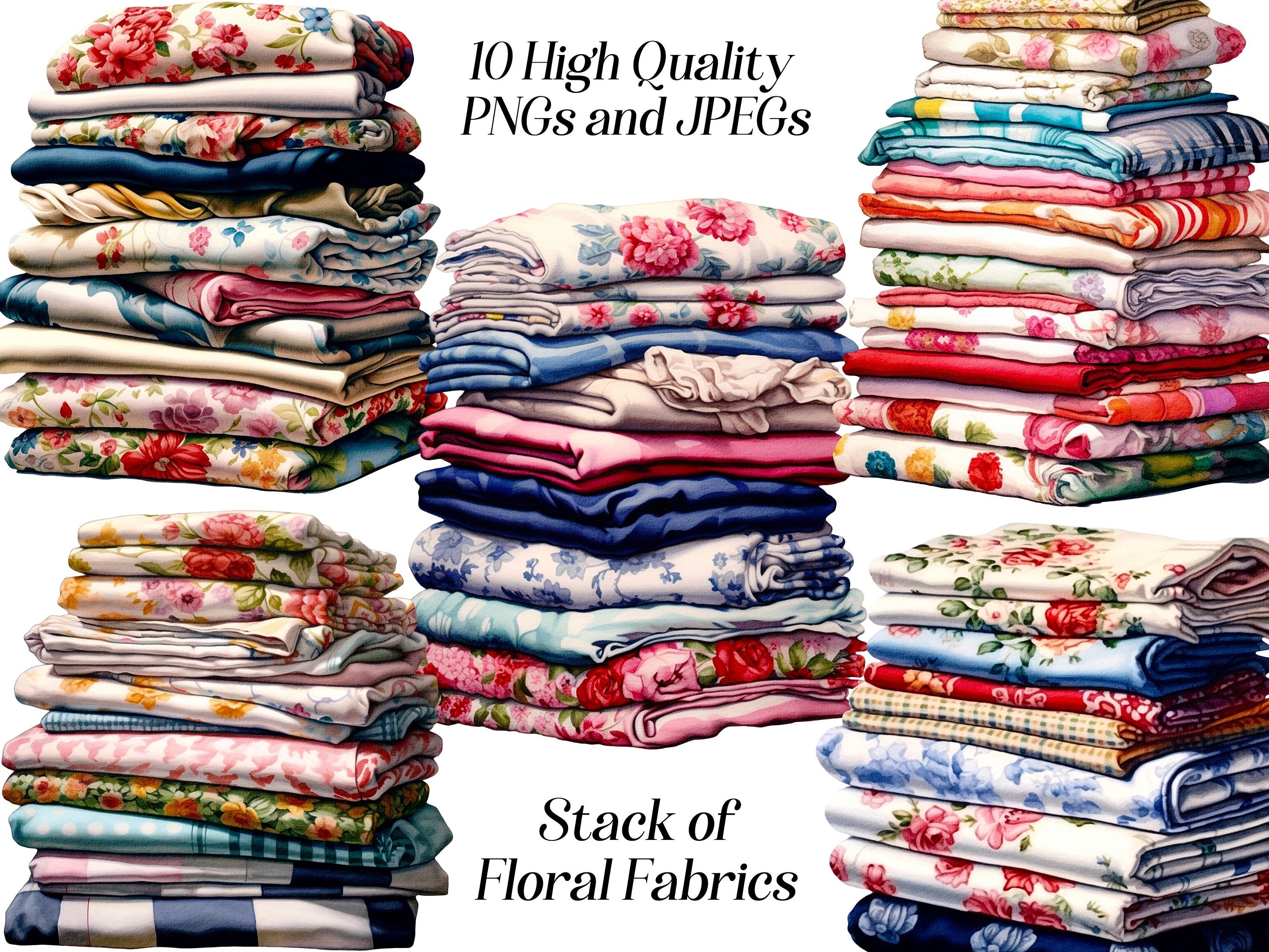 Watercolor Floral Fabric Stack Clipart: Sewing & Craft Graphics ...