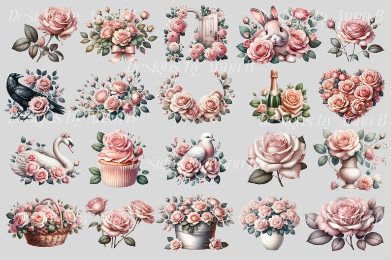 Watercolor Pink Roses Clipart Bundle: 219 PNG Floral Graphics (digital ...