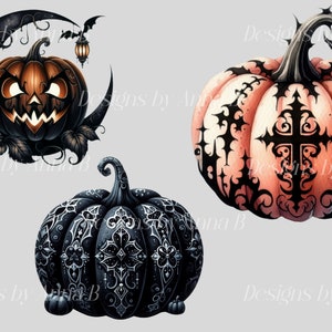 Watercolor Gothic Pumpkin Clipart, 14 PNG Files, Halloween Graphics ...