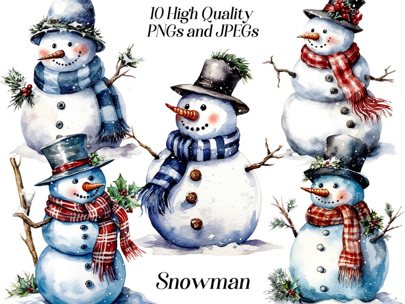 Watercolor Snowman Clipart 10 High Quality JPEG and PNG - Etsy