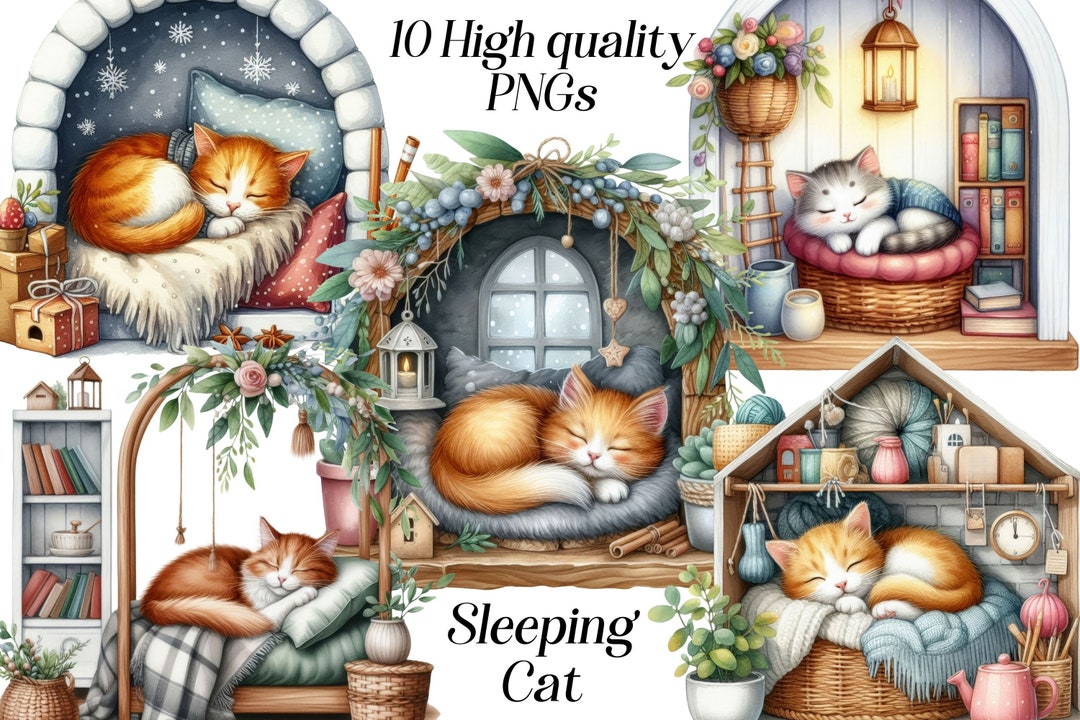Watercolor Sleeping Cat Clipart, 10 High Quality PNG Files, Cute Cat ...