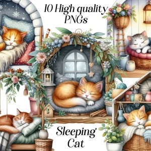 Watercolor Sleeping Cat Clipart, 10 High Quality PNG Files, Cute Cat ...