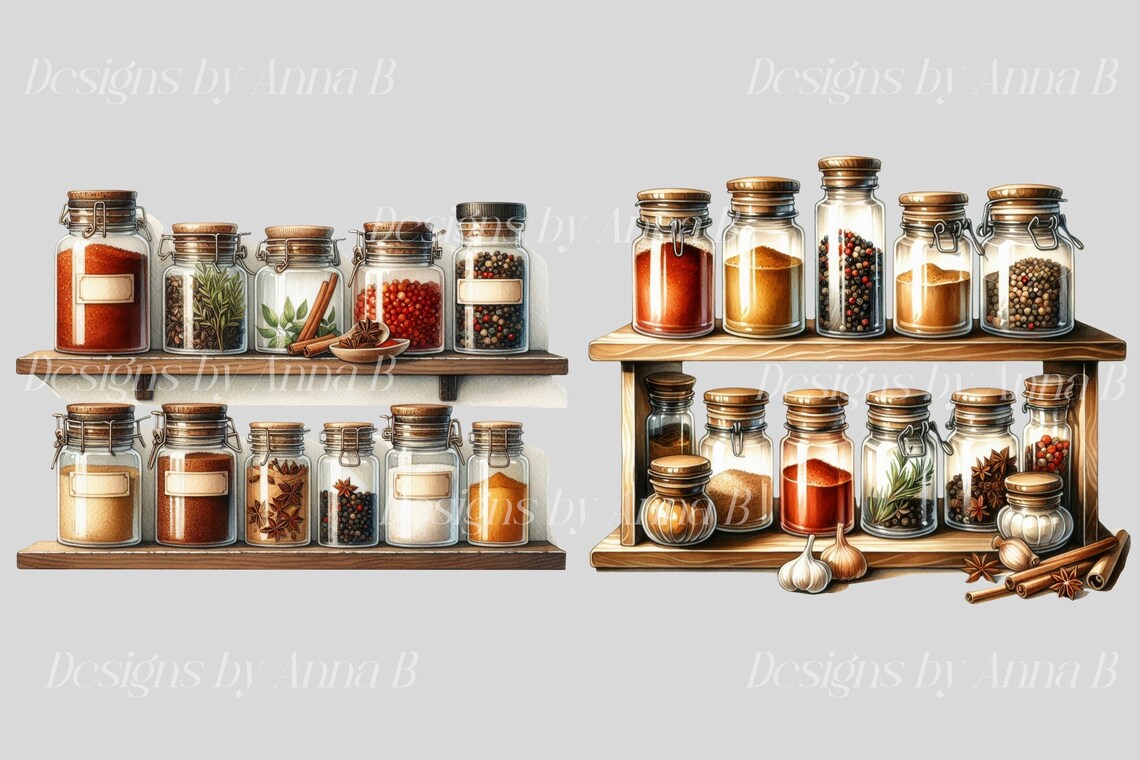 Watercolor Spice Rack Clipart: Kitchen Herbs & Spices (13 PNG Files ...