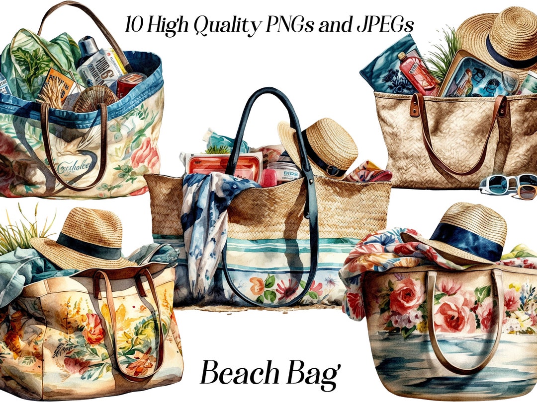 Watercolor Beach Bag Clipart, 10 High Quality JPEG and PNG Files ...
