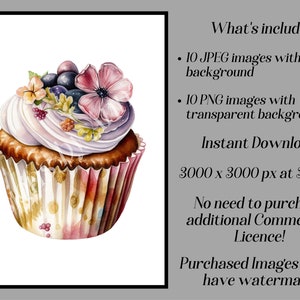 Watercolor Cupcake Clipart, 10 High Quality JPEG and PNG Files, Dessert ...