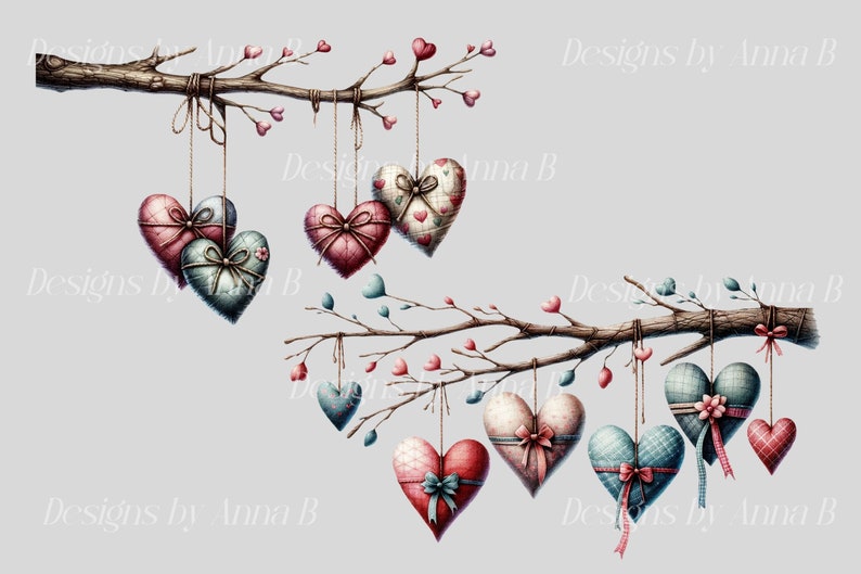 Watercolor Hanging Hearts Clipart: Valentine's Day PNG Graphics ...