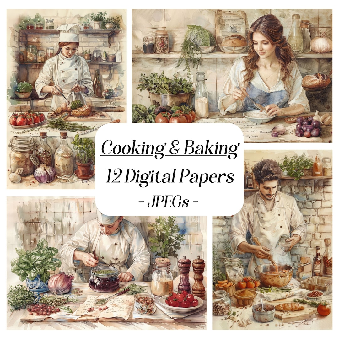 Watercolor Cooking and Baking Digital Papers, 12 High Quality JPEG ...