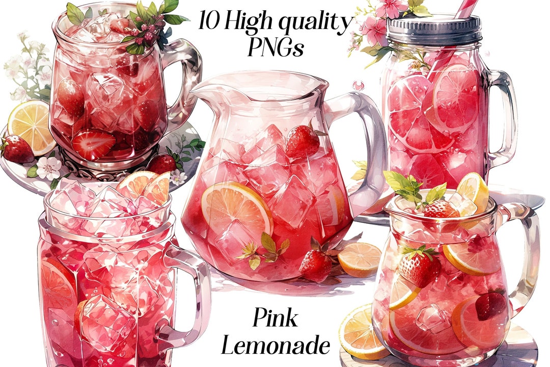 Watercolor Pink Lemonade Clipart, 10 High Quality PNG Files, Food ...
