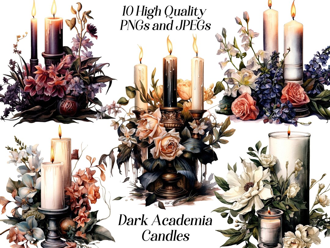 Watercolor Dark Academia Candles Clipart, 10 High Quality JPEG and PNG ...