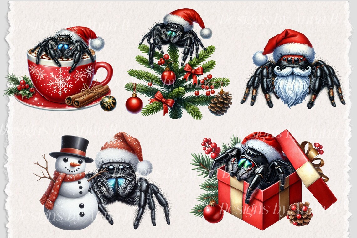 Christmas Jumping Spider Clipart: Watercolor Holiday PNG Graphics ...