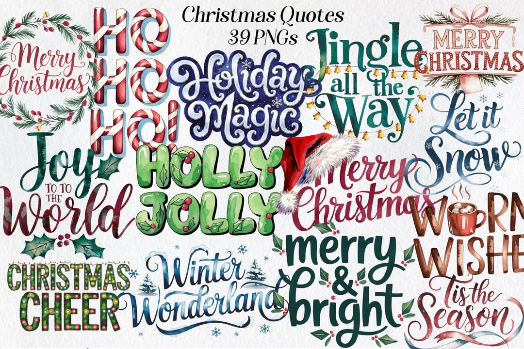 Watercolor Christmas Quotes Clipart: Festive Typography (PNG, Digital ...
