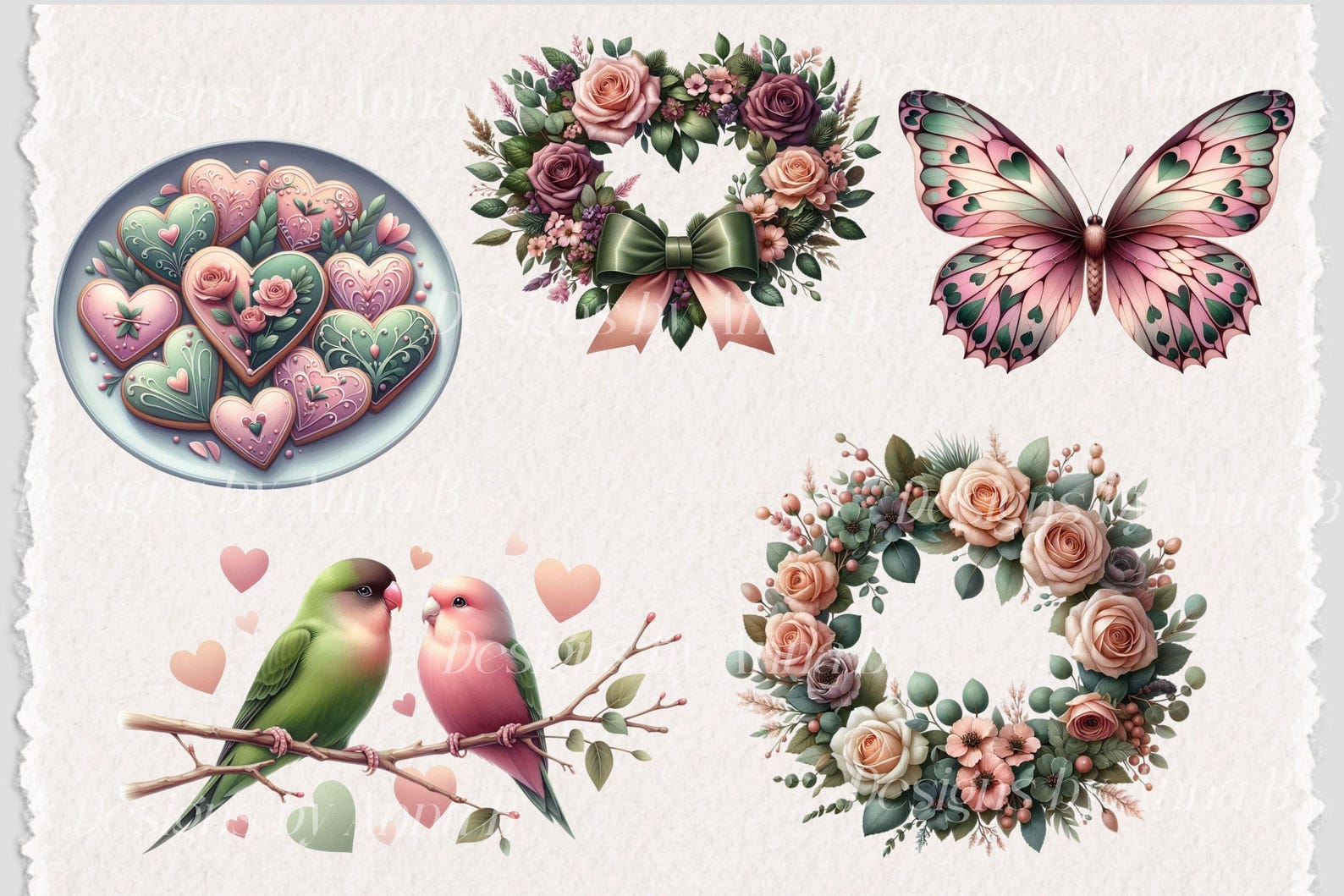 Watercolor Valentine Clipart: Floral Botanical PNG Graphics (digital ...