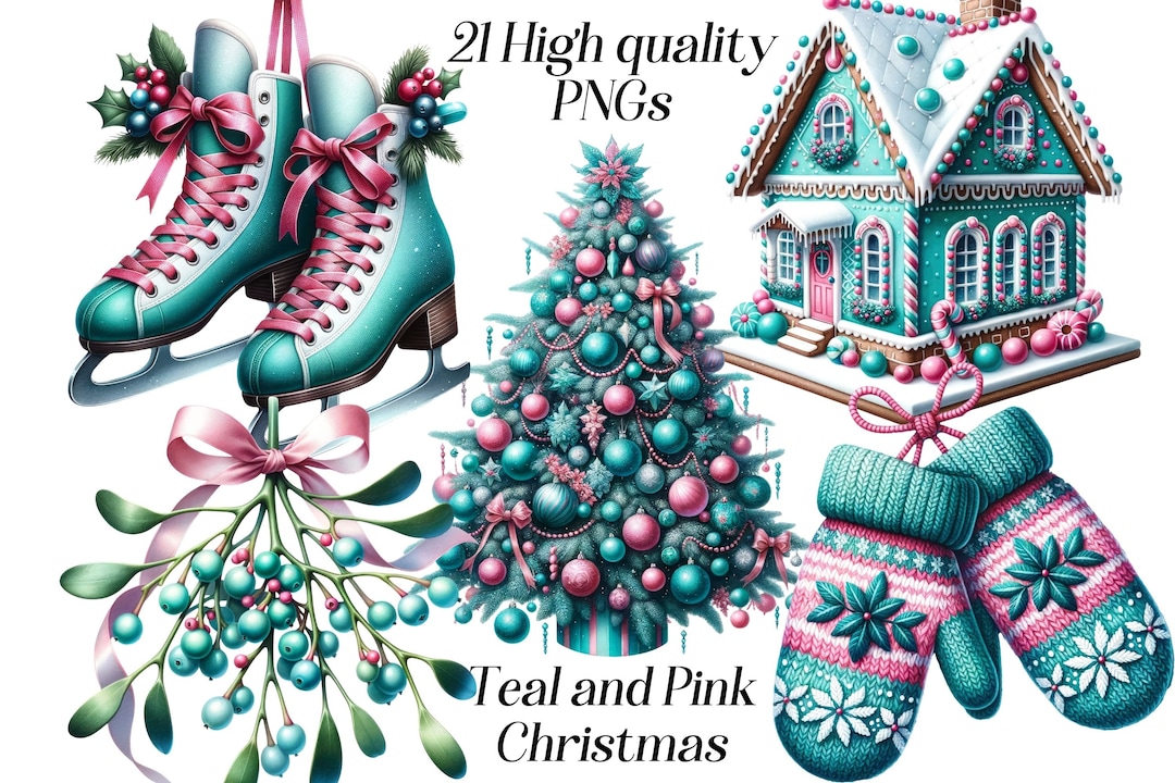 Watercolor Christmas Clipart: Teal & Pink Festive Pngs (digital ...