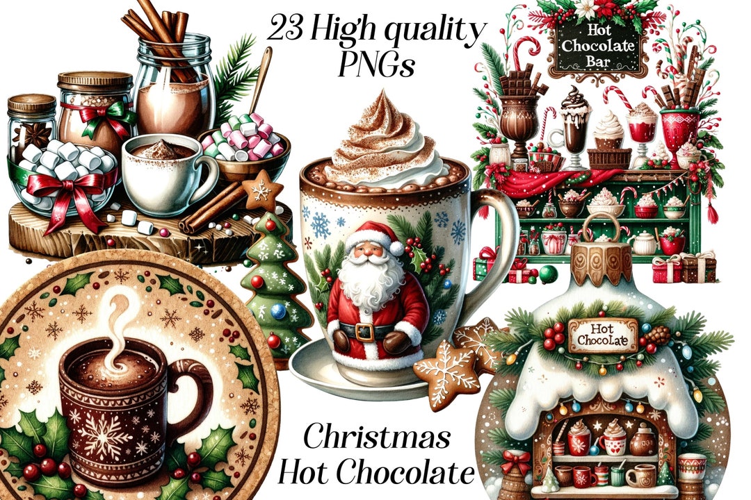 Watercolor Christmas Hot Chocolate Clipart: Festive PNG Graphics (23 ...