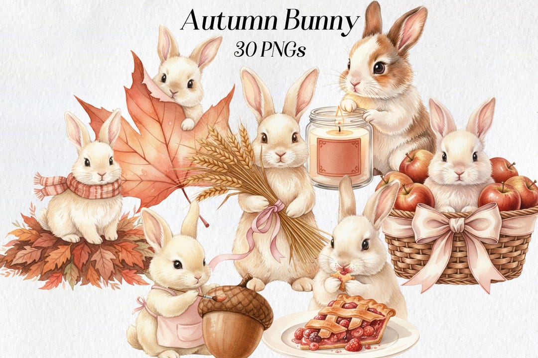 Autumn Bunny Clipart | Fall Rabbit Pngs | Cozy Autumn Animals ...