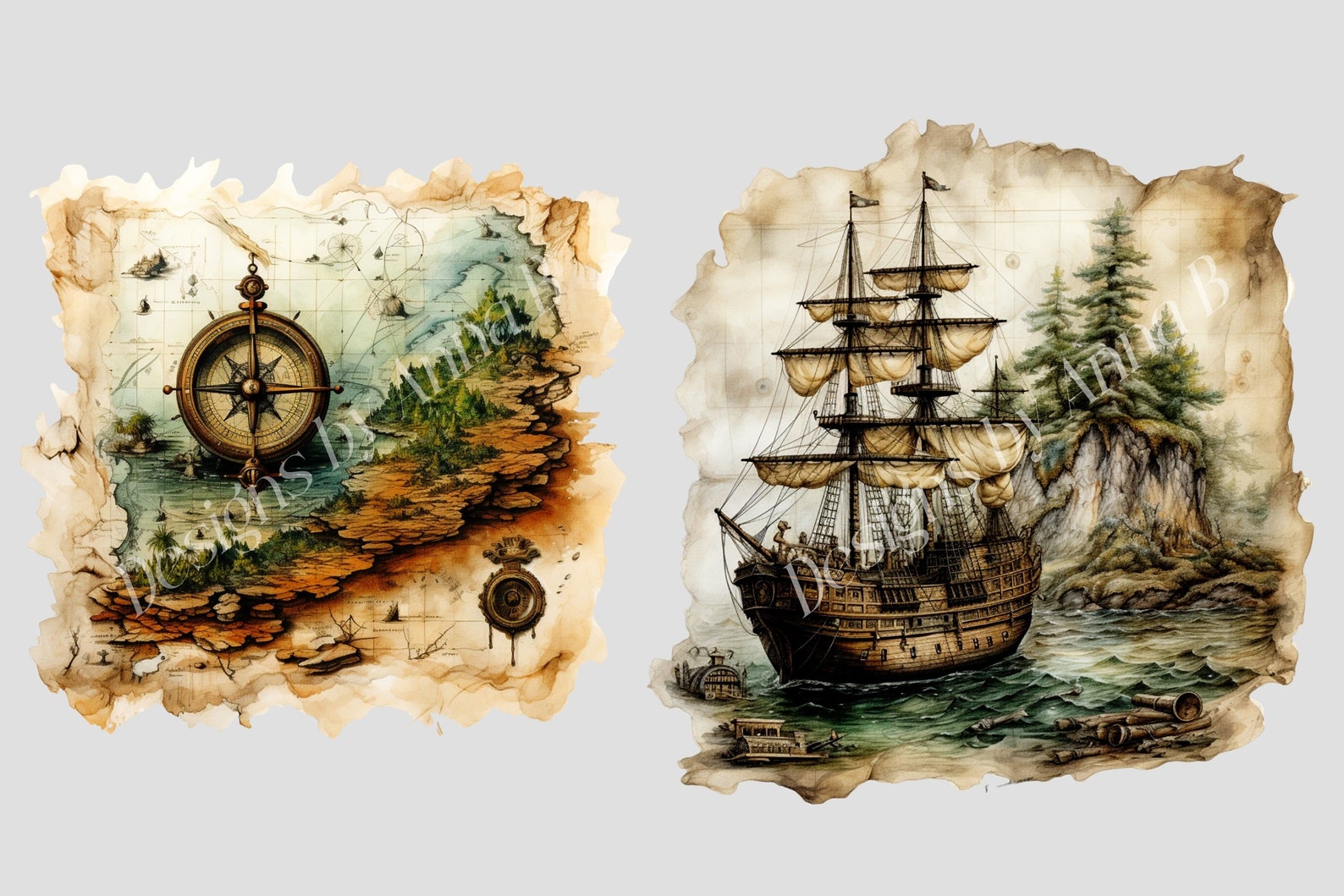Watercolor Nautical Map Clipart: Vintage Treasure Map Graphics (PNG ...
