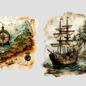 Watercolor Nautical Map Clipart: Vintage Treasure Map Graphics (PNG ...