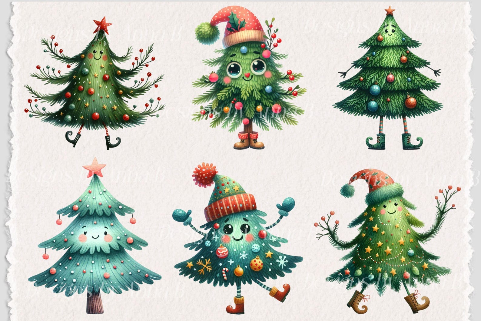 Watercolor Christmas Tree Clipart: Whimsical PNG Graphics (digital ...