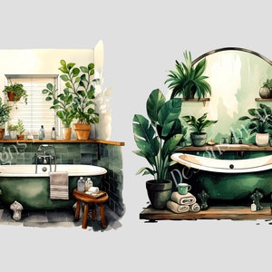 Watercolor Bathroom With Plants Clipart, 10 High Quality PNG Files ...
