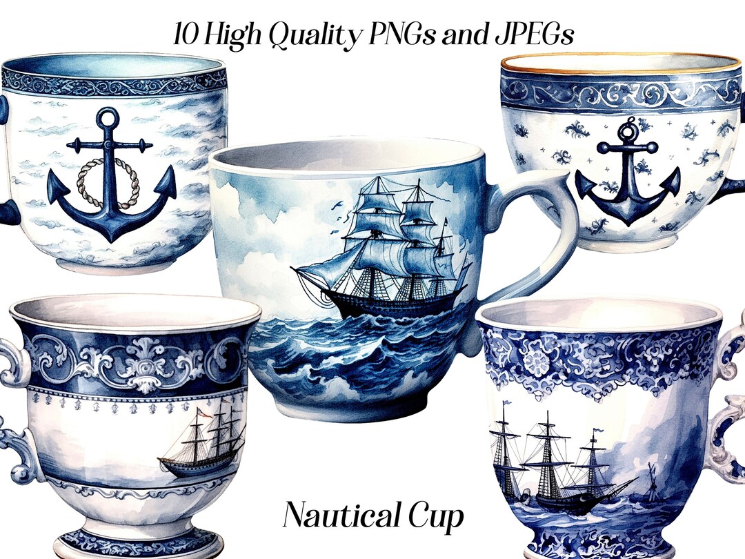 Watercolor Nautical Cup Clipart, 10 High Quality JPEG and PNG Files ...