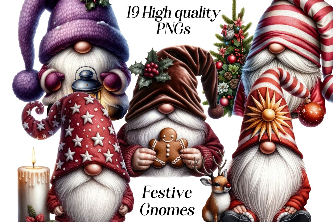 Watercolor Festive Gnomes Clipart, 19 High Quality PNG Files, Christmas ...