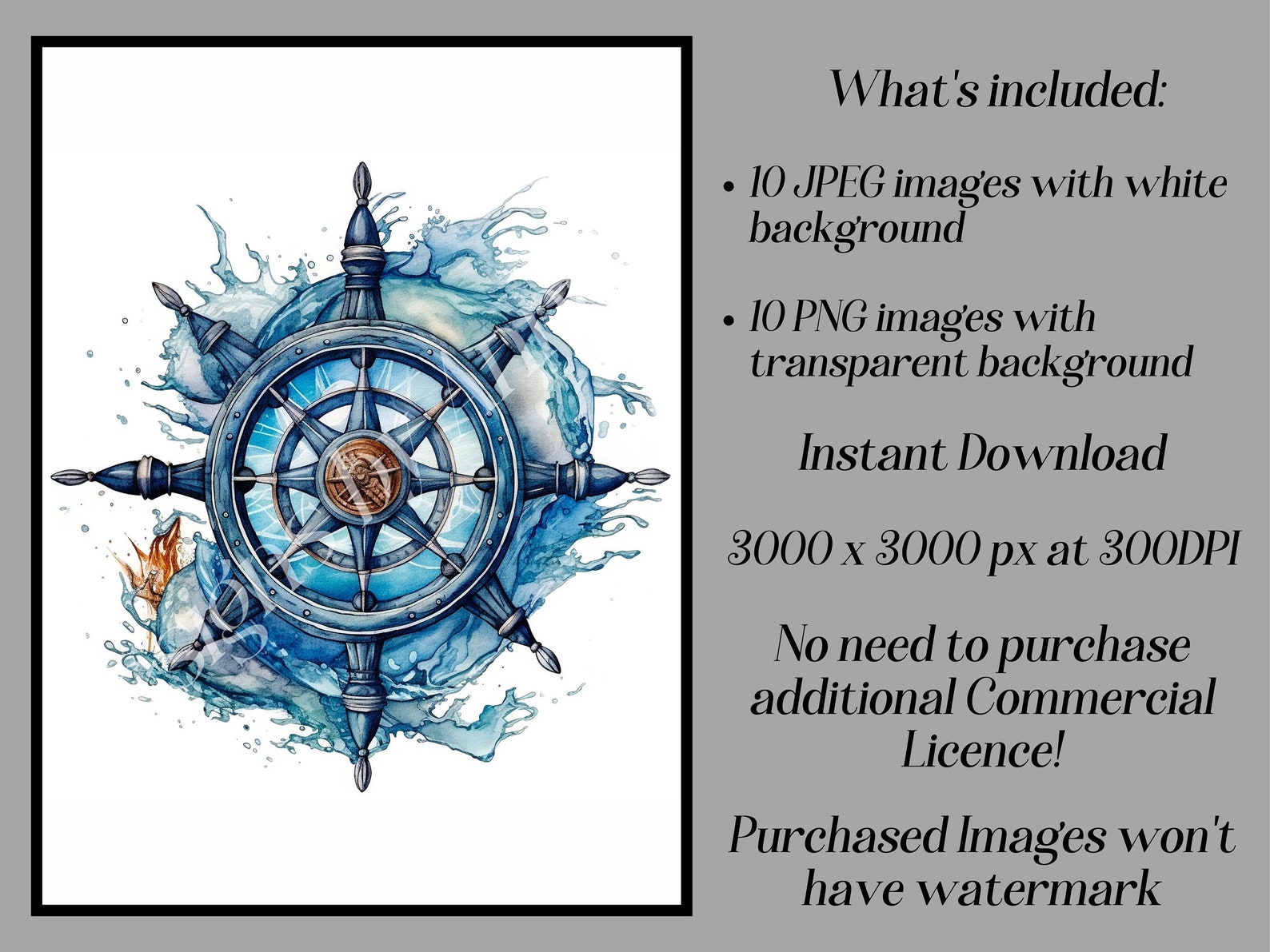 Watercolor Nautical Clipart: Anchor & Ship Wheel Graphics (JPEG, PNG ...