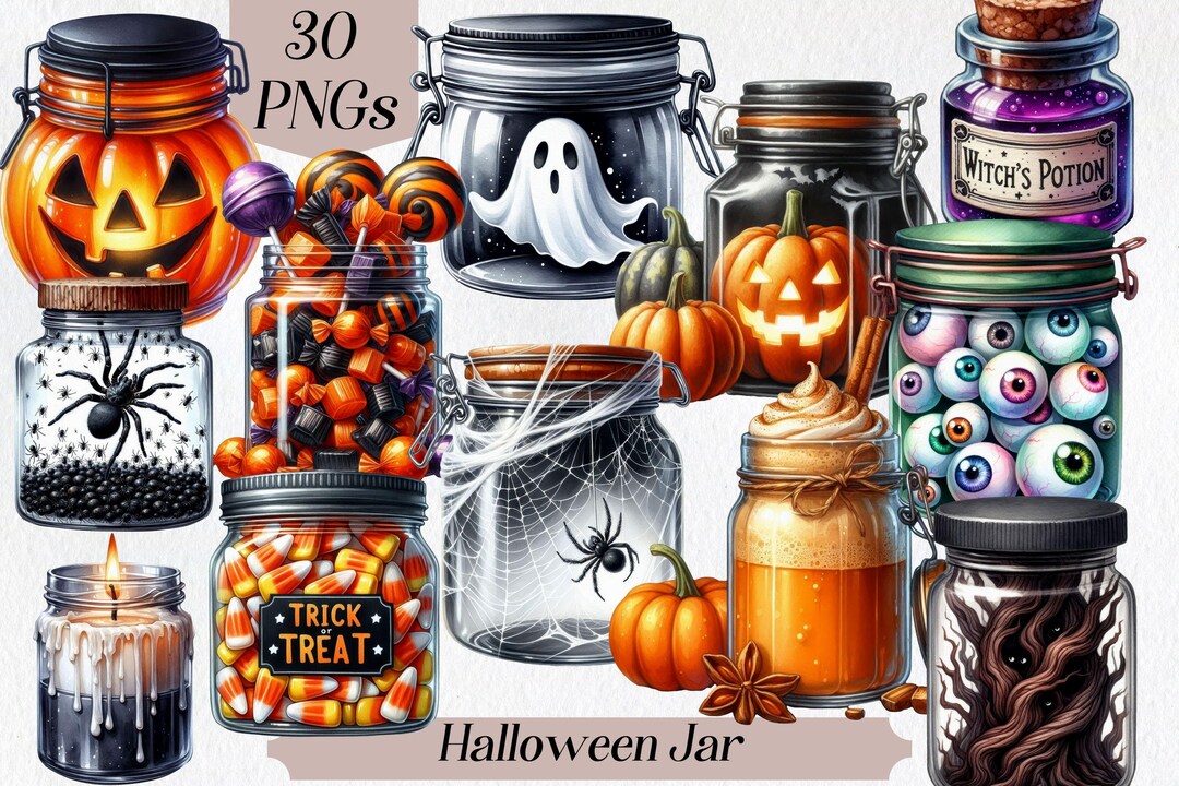 Halloween Jar Clipart: Spooky Ghosts, Spiders, Candy (digital Download ...