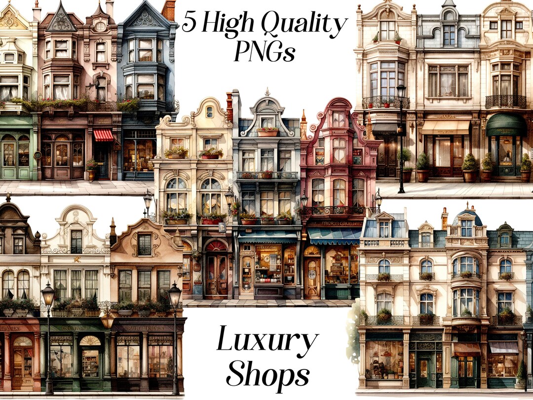 Watercolor Luxury Shops Clipart, 5 High Quality PNG Files, Front of the ...